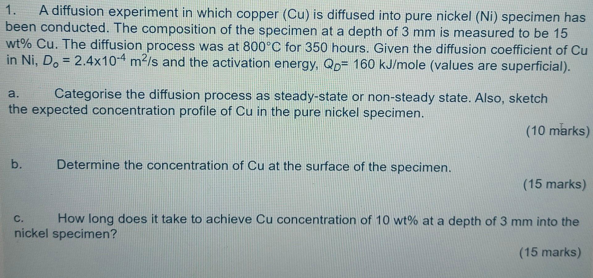 Solved 1. A diffusion experiment in which copper (Cu) is | Chegg.com