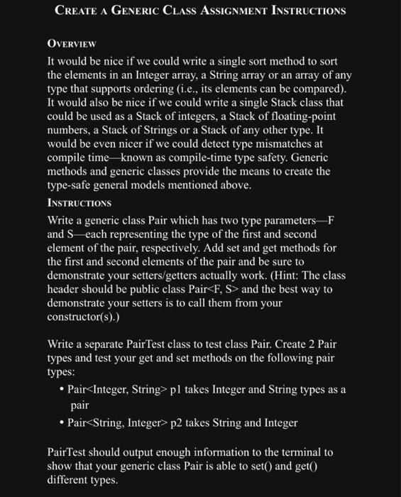 Solved Create a Generic Class Assignment Instructions | Chegg.com