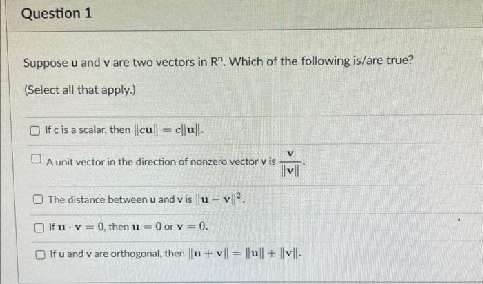 Solved Suppose u and v are two vectors in Rn. Which of the | Chegg.com