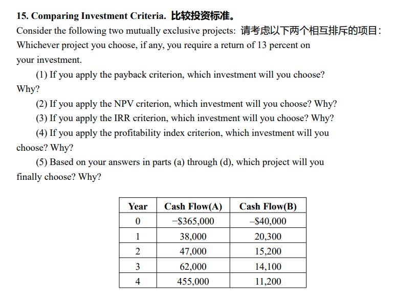 Solved Comparing Investment Criteria.Comparing Investment | Chegg.com