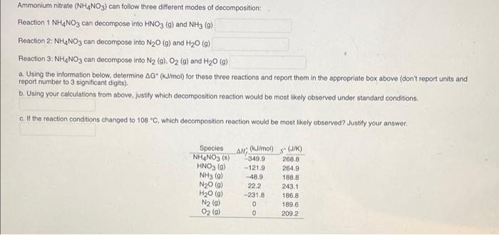 Solved Ammonium nitrate (NH4NO3) can follow three different | Chegg.com