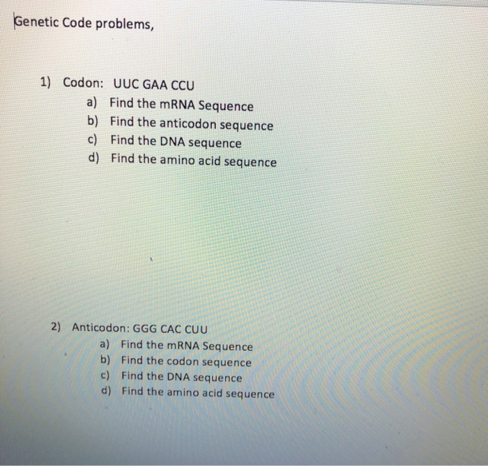Solved Genetic Code problems, 1) Codon: UUC GAA CCU a) Find | Chegg.com