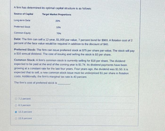 Solved A firm has determined its optimal capital structure | Chegg.com