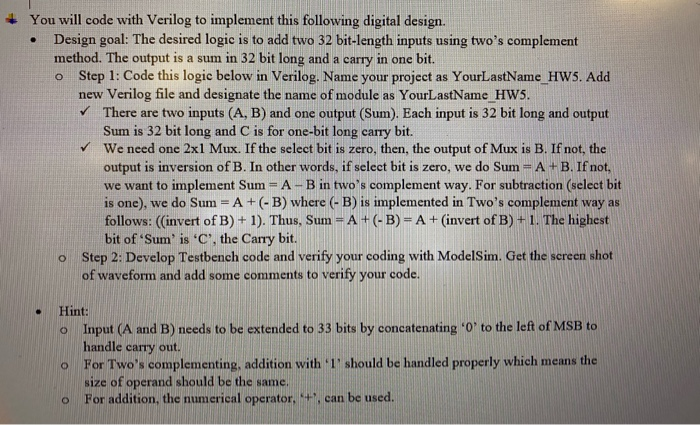 Solved + You will code with Verilog to implement this | Chegg.com