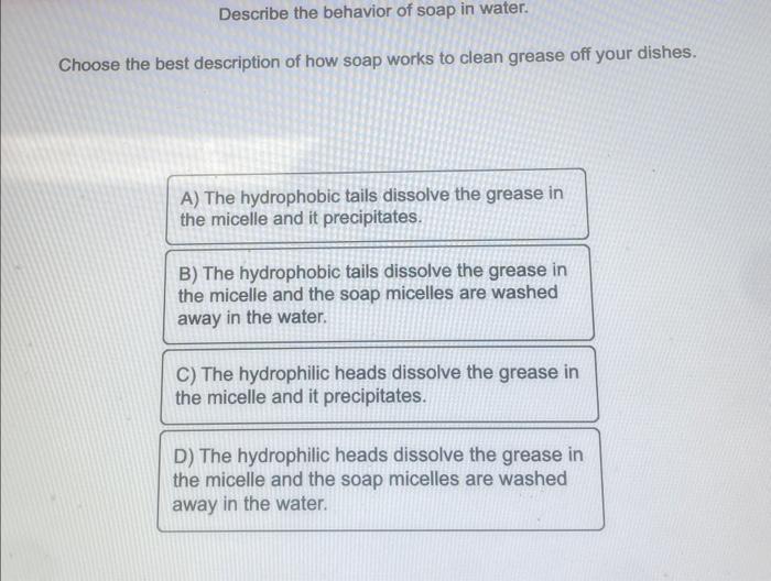 Solved Describe the behavior of soap in water. Choose the | Chegg.com