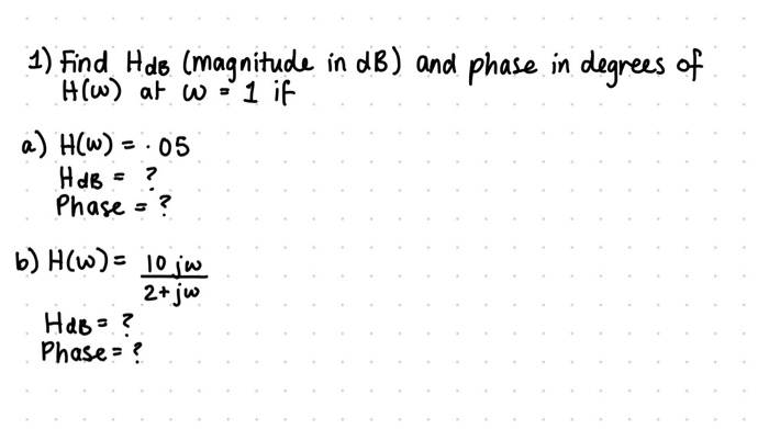 Solved 1) Find HdB (magnitude in dB) and phase in degrees of | Chegg.com