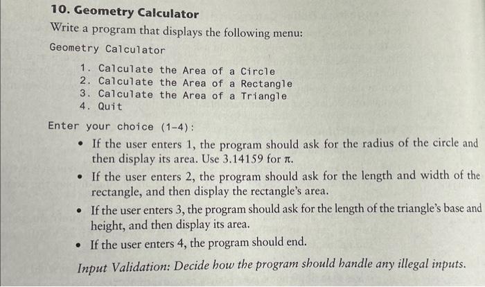 Solved 10. Geometry Calculator Write a program that displays | Chegg.com