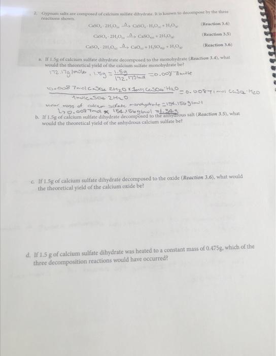 Solved rebctiote themen. CaSOd−2H3Oin PACaSO4−H2O+H2Oie | Chegg.com