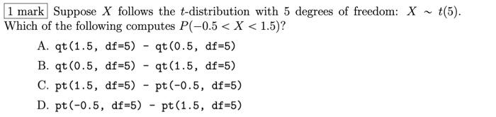 Solved 1 mark Suppose X follows the t-distribution with 5 | Chegg.com