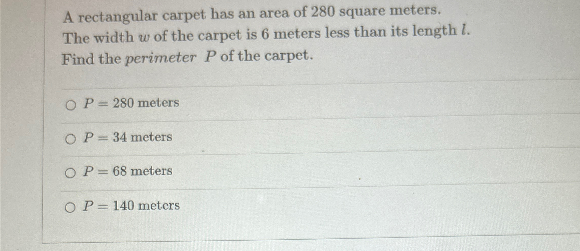 Solved A rectangular carpet has an area of 280 ﻿square | Chegg.com