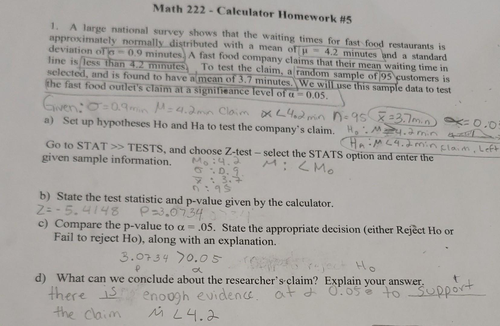 Solved Math 222 - Calculator Homework #5 1. A large national | Chegg.com