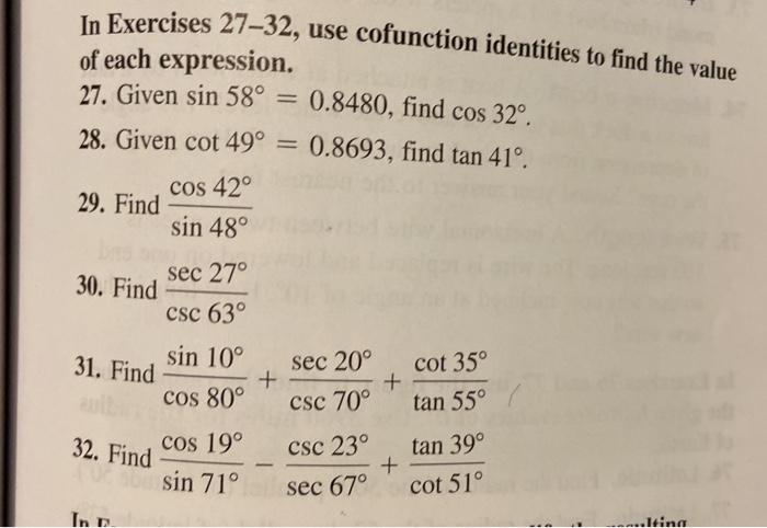Solved In Exercises 27–32, use cofunction identities to find | Chegg.com