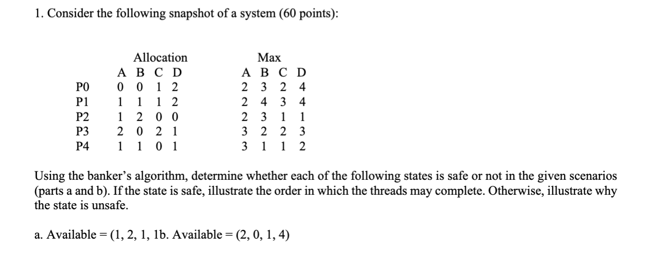 Solved 1. ﻿Consider the following snapshot of a system (60 | Chegg.com