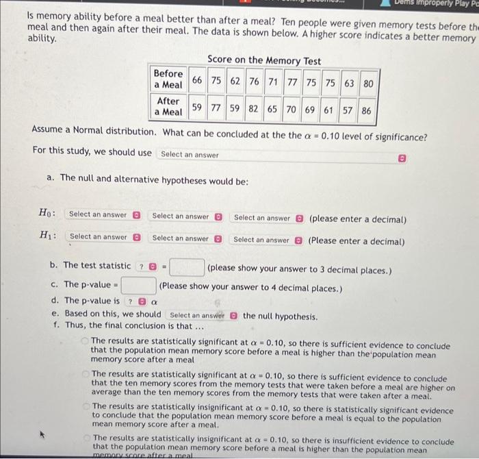 Solved Is memory ability before a meal better than after a | Chegg.com