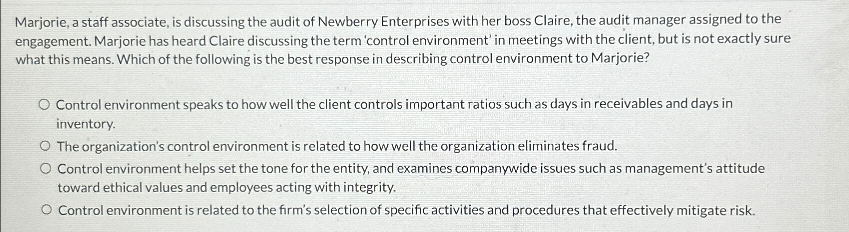 Solved Marjorie, a staff associate, is discussing the audit | Chegg.com