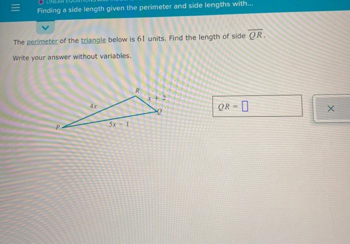 Solved Finding a side length given the perimeter and side | Chegg.com