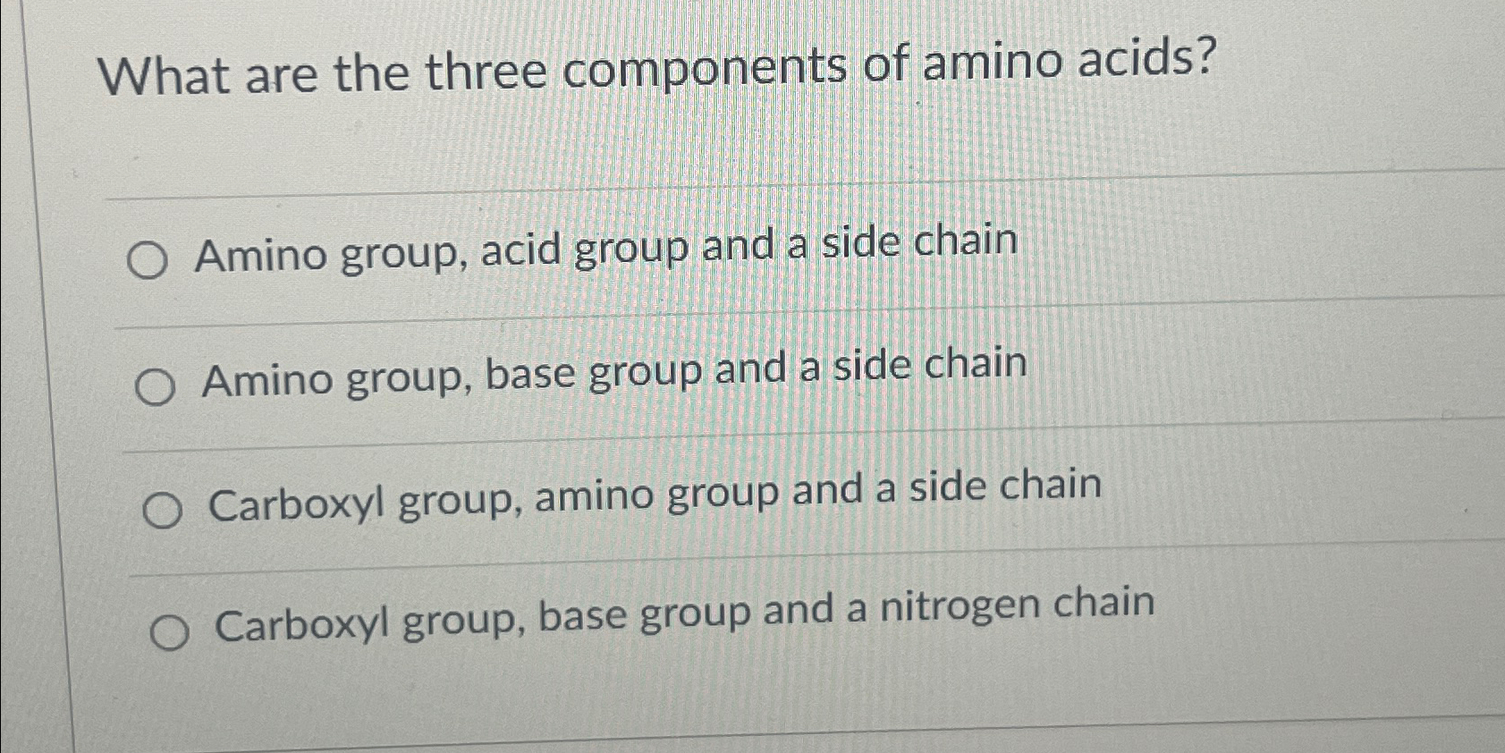 Solved What are the three components of amino acids?Amino | Chegg.com