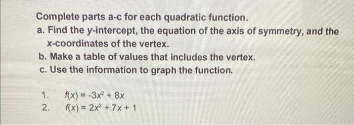 Solved Complete parts a-c for each quadratic function. a. | Chegg.com