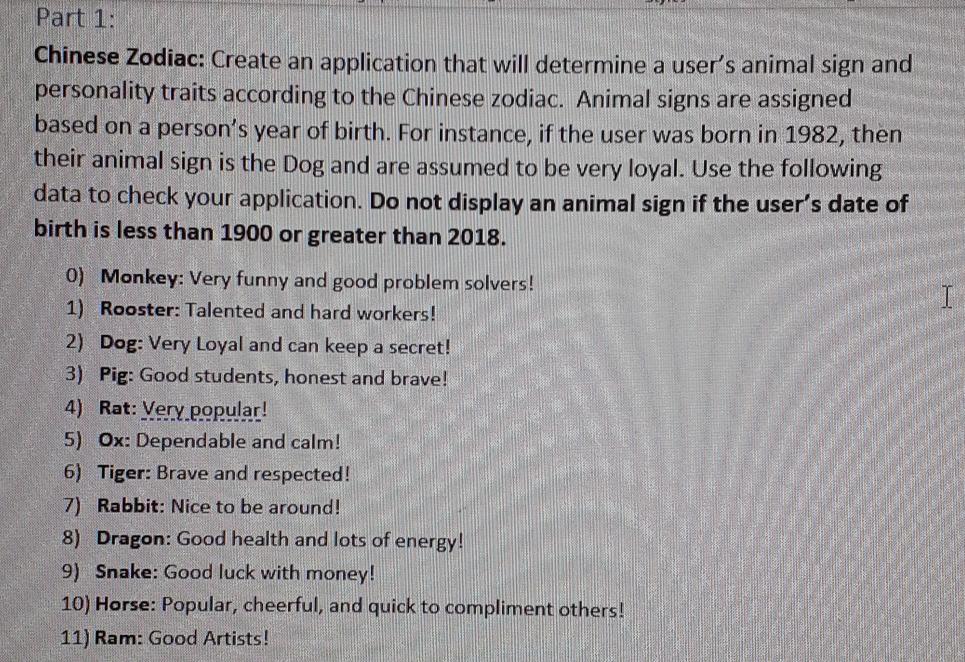 Solved Part 1: Chinese Zodiac: Create an application that | Chegg.com