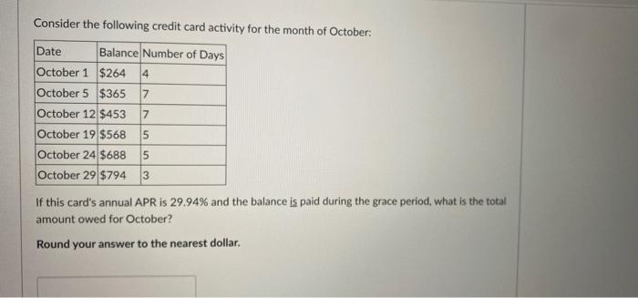 Solved Consider the following credit card activity for the | Chegg.com