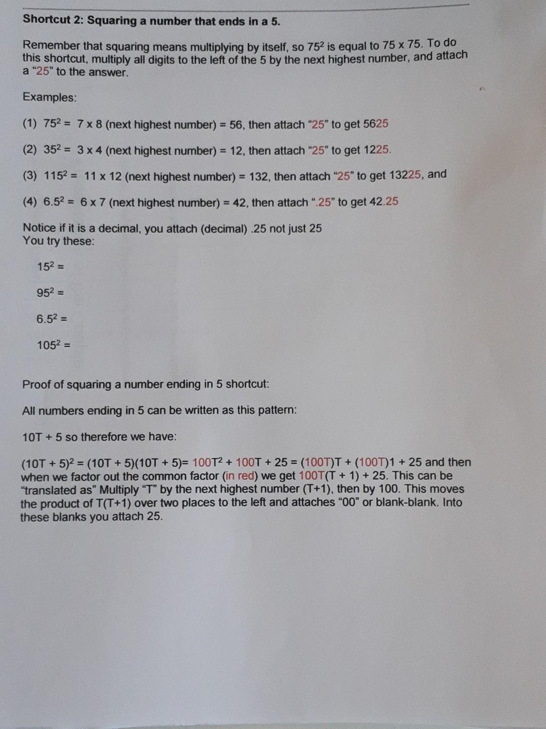Solved Shortcut 2: Squaring a number that ends in a 5. | Chegg.com
