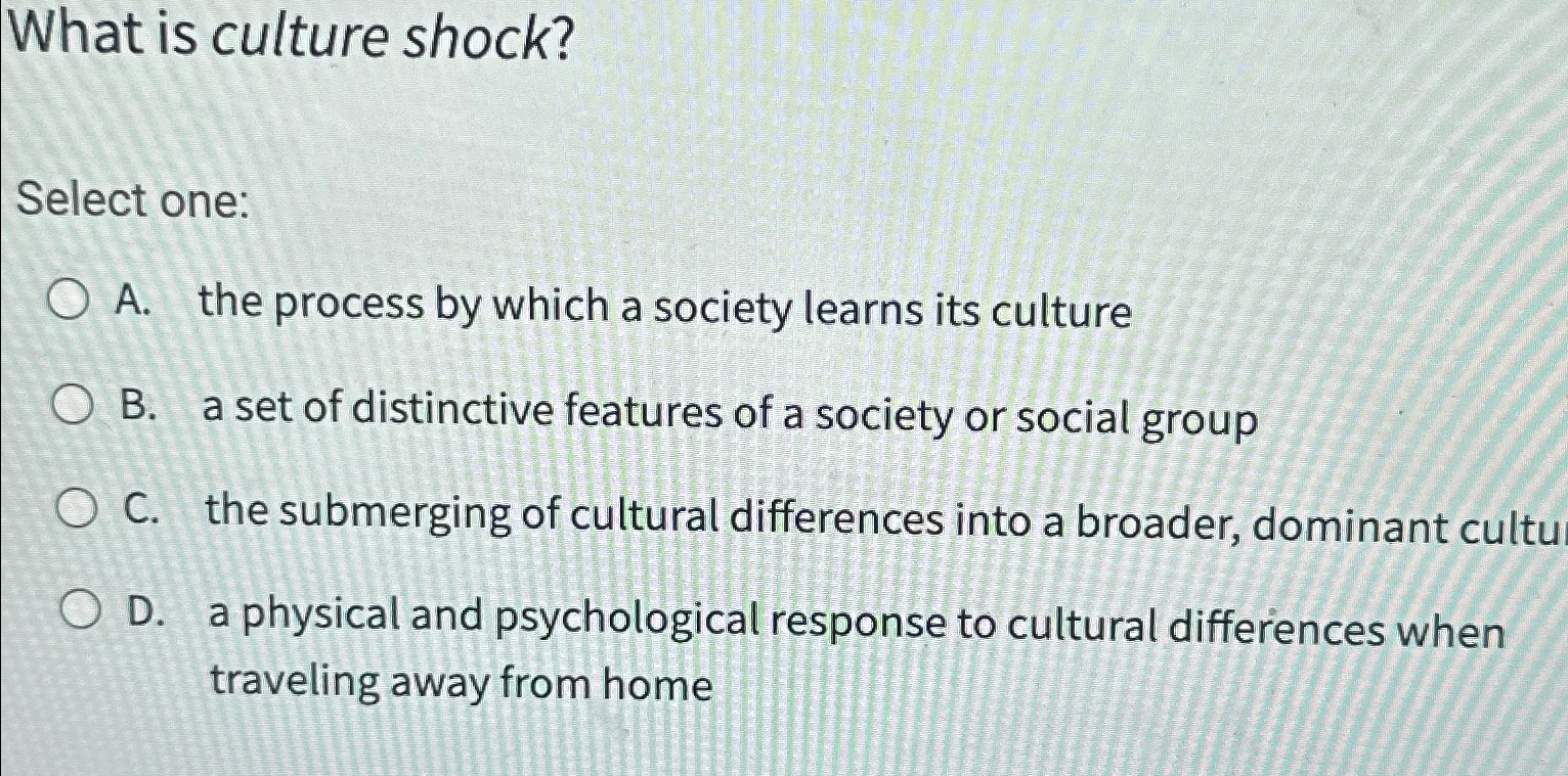 Solved What is culture shock?Select one:A. ﻿the process by | Chegg.com