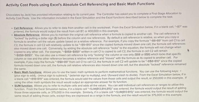 Solved Activity Cost Pools using Excel's Absolute Cell | Chegg.com