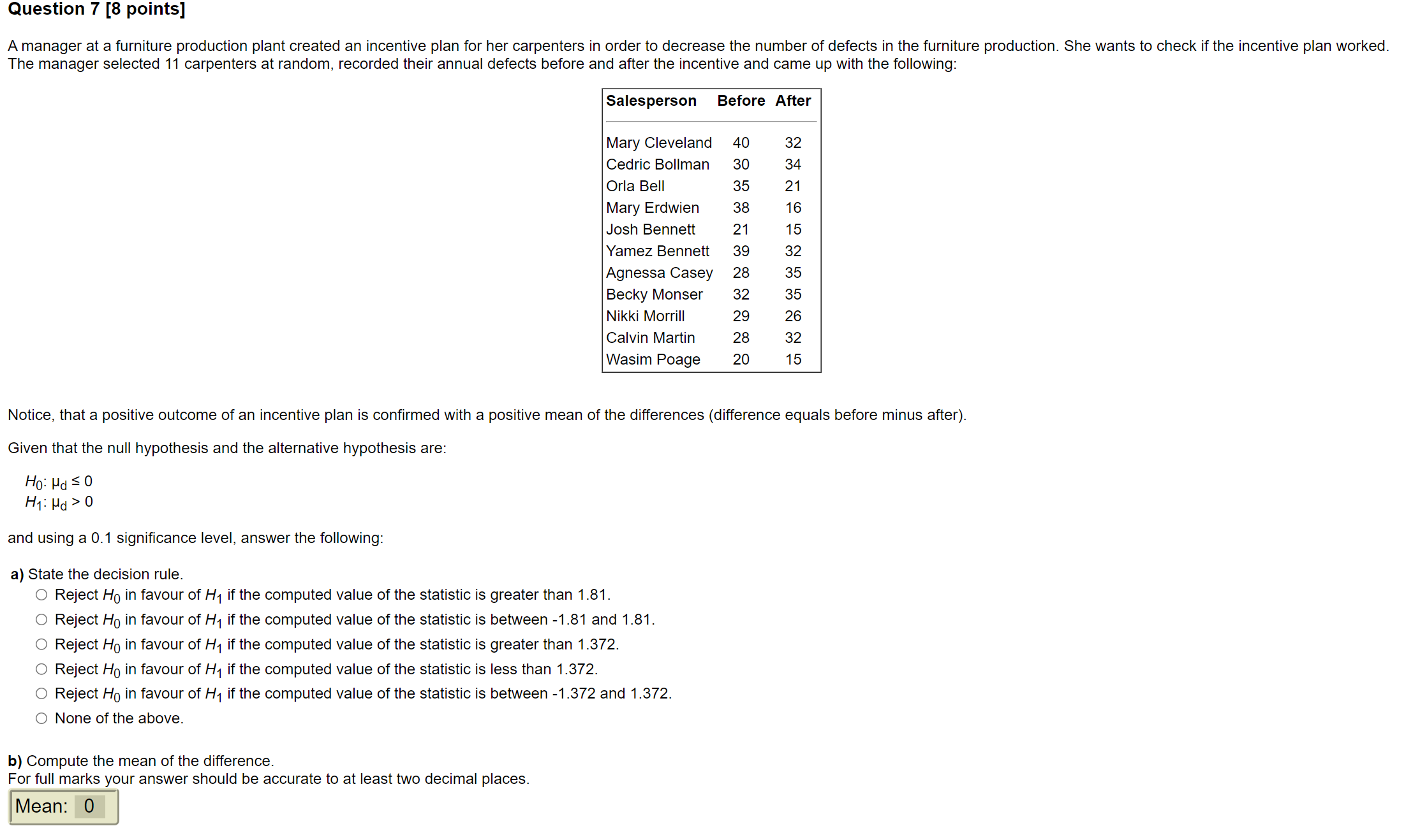 Solved b) ﻿Compute the mean of the difference.For full marks | Chegg.com