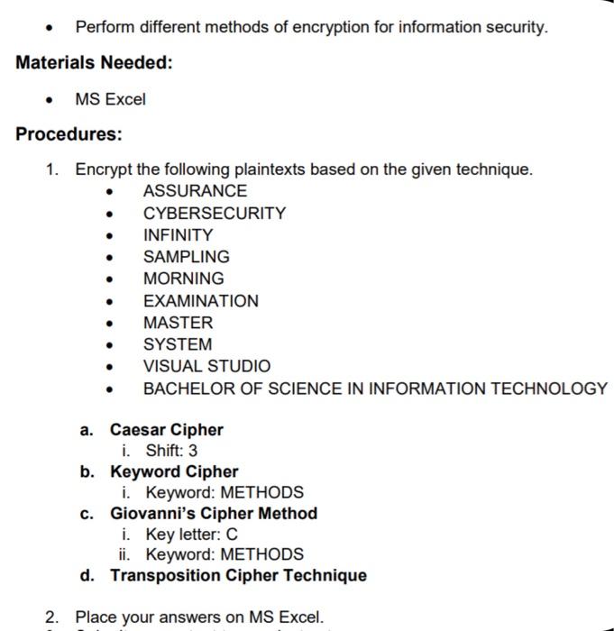 Solved - Perform different methods of encryption for | Chegg.com