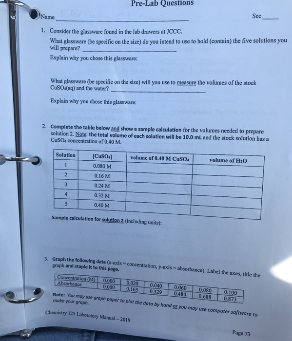 Solved Pre-Lab Questions Sec Name Consider the glassware | Chegg.com