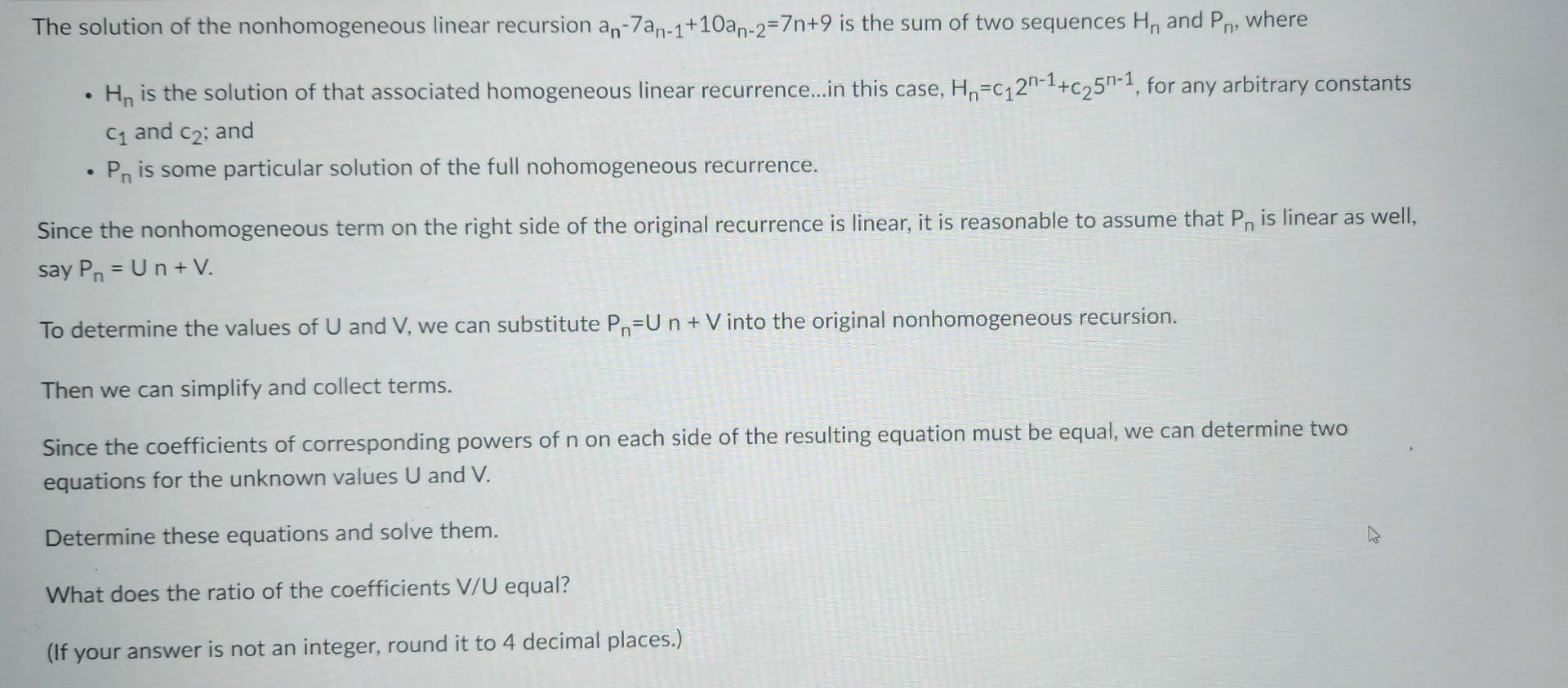 Solved The Solution Of The Nonhomogeneous Linear Recursion 9179