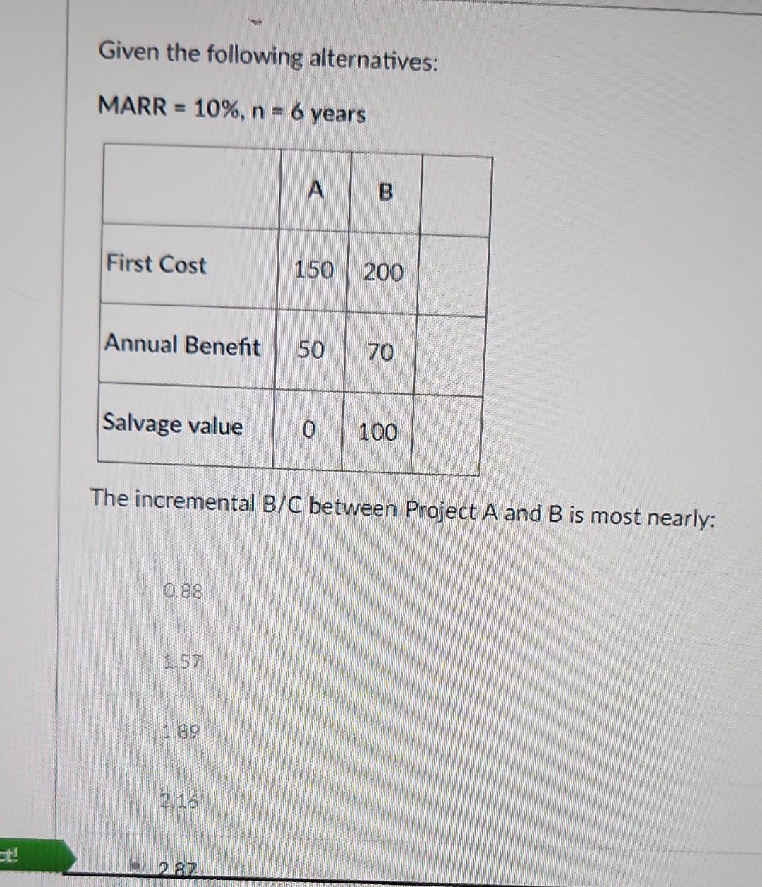 Solved Given the following alternatives: MARR=10%,n=6 years | Chegg.com