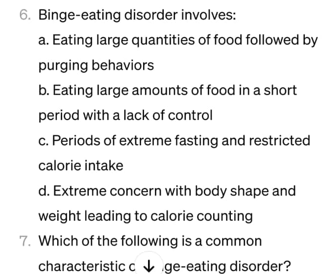 Solved Binge-eating disorder involves:a. ﻿Eating large | Chegg.com