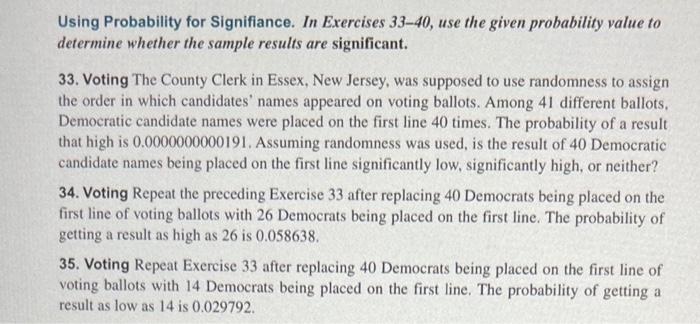 Solved Using Probability for Signifiance. In Exercises | Chegg.com