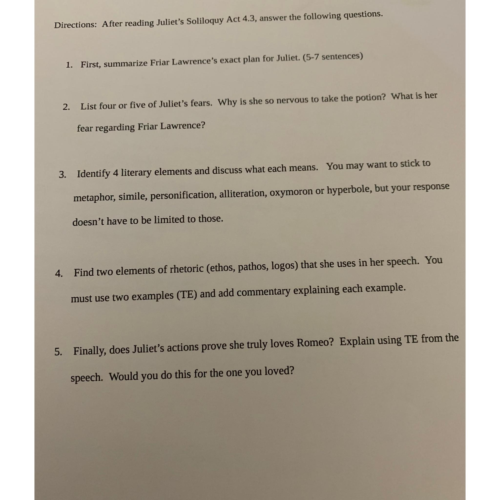 Solved Directions: After reading Juliet's Soliloquy Act 4.3, | Chegg.com