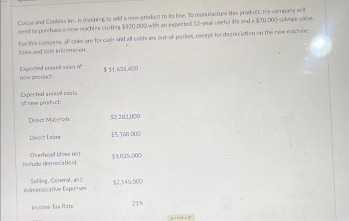 Solved Cocoa and Cookies Inc. Is planning to add a new | Chegg.com