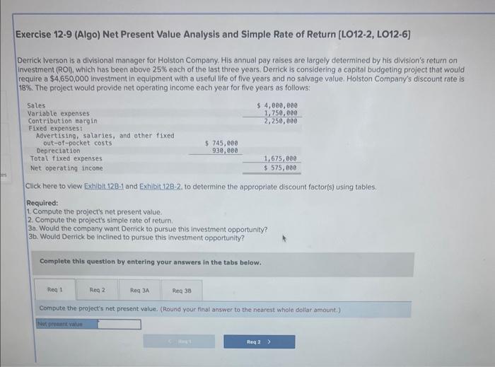 Solved Exercise 12-9 (Algo) Net Present Value Analysis and | Chegg.com