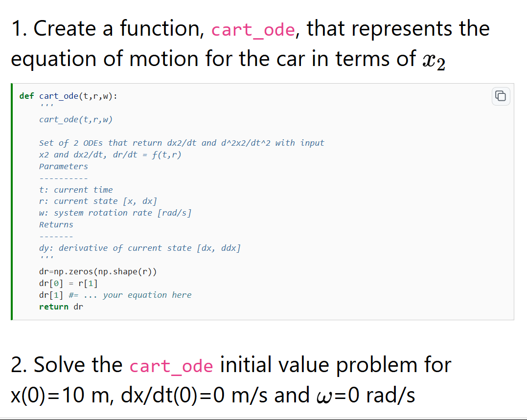 Solved Create a function, cart_ode, that represents | Chegg.com
