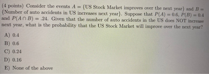 Solved (4 points) Consider the events A = {US Stock Market | Chegg.com