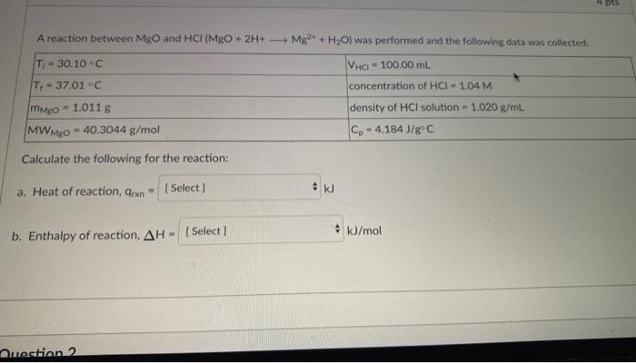 Solved A reaction between MgO and HCI (MgO + 2H+ Mg? + H2O) | Chegg.com