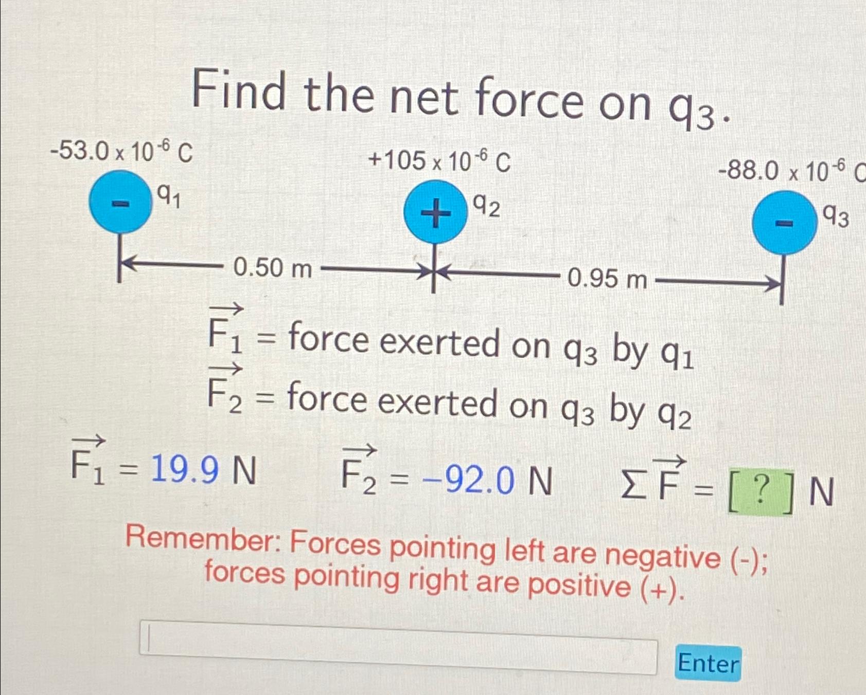 Solved Find the net force on q3.Remember: Forces pointing | Chegg.com