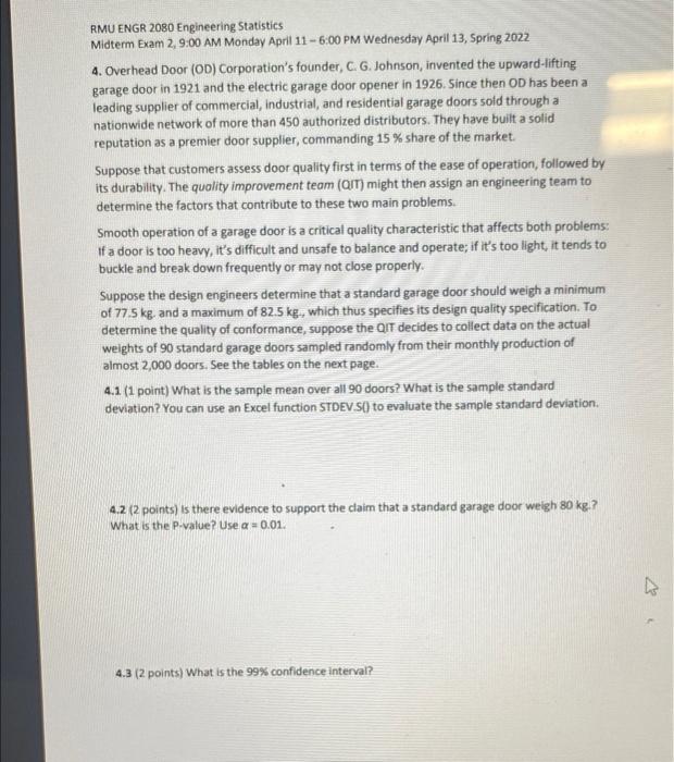 RMU ENGR 2080 Engineering Statistics Midterm Exam 2, | Chegg.com