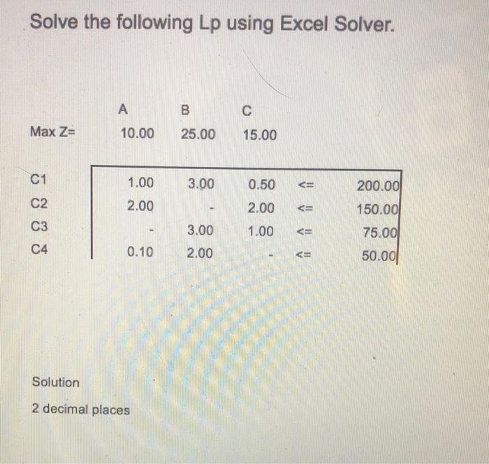 Solved Solve the following Lp using Excel Solver. А 00 с Max | Chegg.com