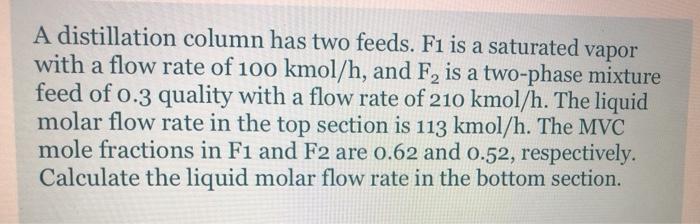 Solved A distillation column has two feeds. F1 is a | Chegg.com