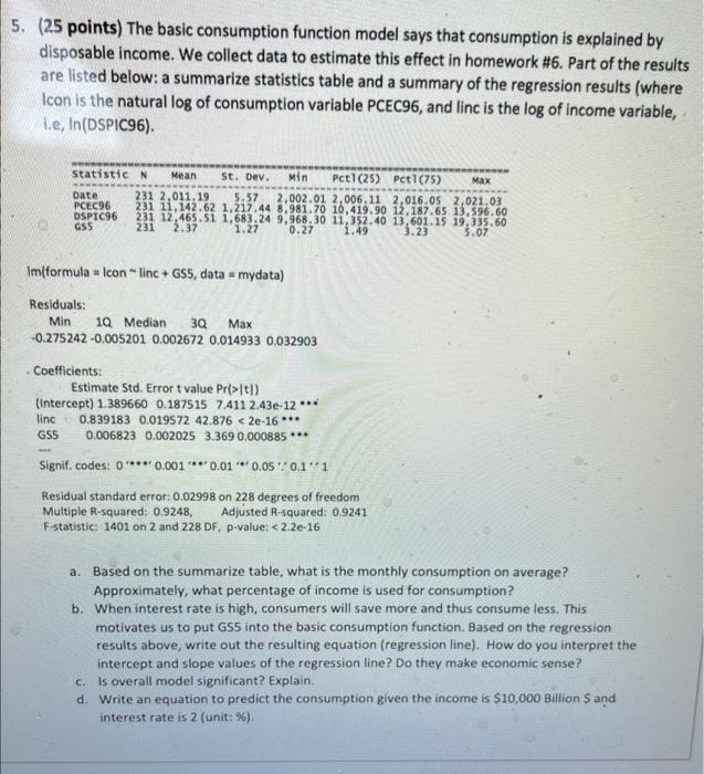 Solved (2.5 points) The basic consumption function model | Chegg.com