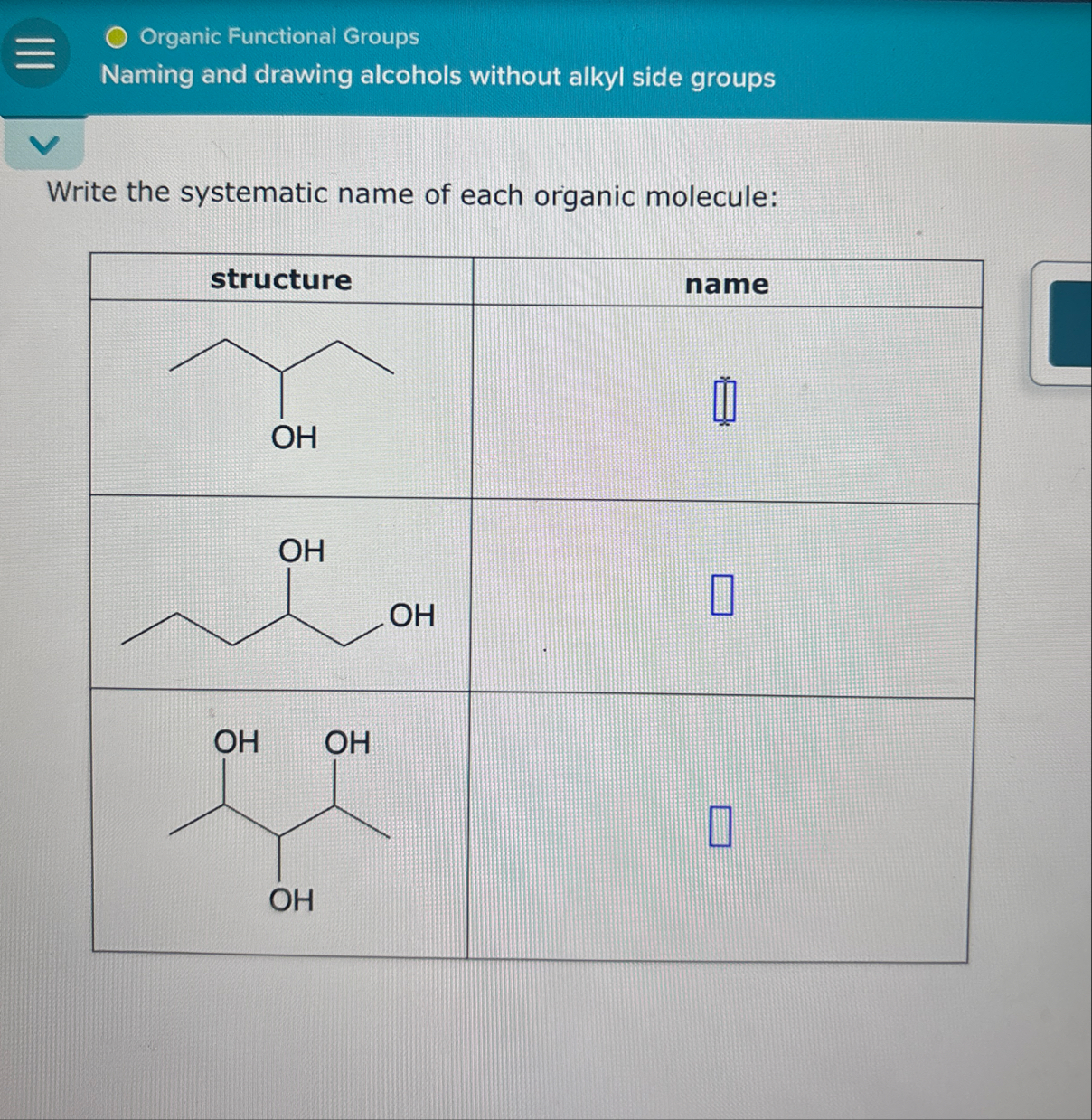 Solved Organic Functional GroupsNaming and drawing alcohols | Chegg.com