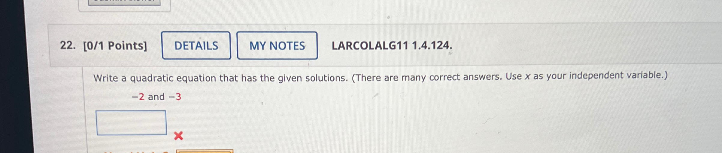 Solved [0/1 ﻿Points]LARCOLALG11 1.4.124.Write a quadratic | Chegg.com