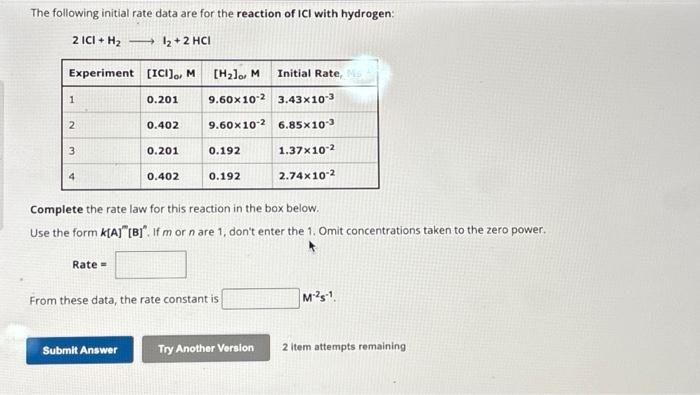 Solved The Following Initial Rate Data Are For The Reaction