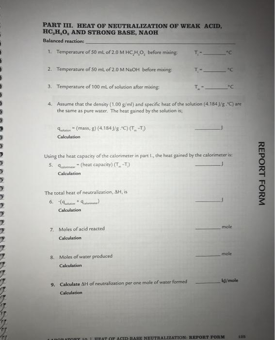 Solved PART III. HEAT OF NEUTRALIZATION OF WEAK ACID, | Chegg.com