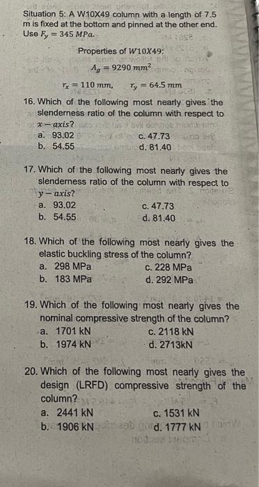Solved Situation 5: A W10x49 column with a length of 7.5 m | Chegg.com